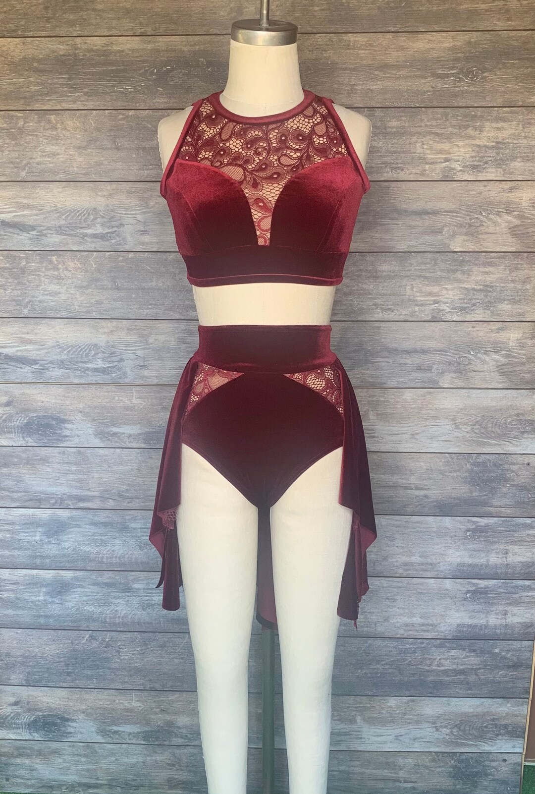 Dahlia Garnet Velvet Two Piece Costume With Lace Insertslyrical Dance Costumecontemporary