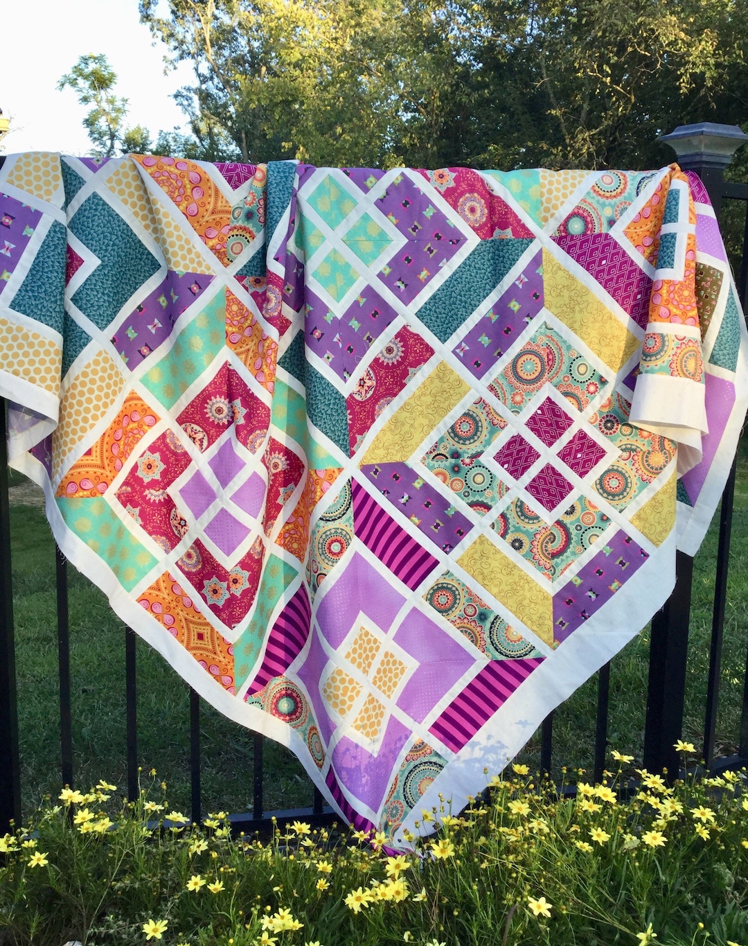Handmade Twin Size Bed Quilt, Bold Colorful Quilt, Extra Long Twin Made ...