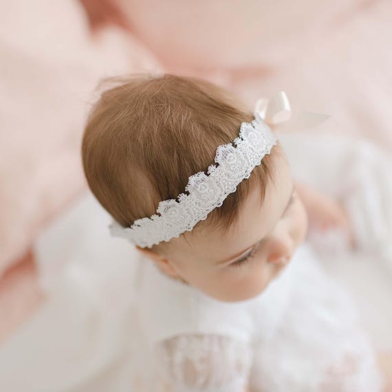 White Lace Baby Headband Melissa Christening Headbands Baby Girl Lace Headbands White Lace Pink Silk Ribbon Bow