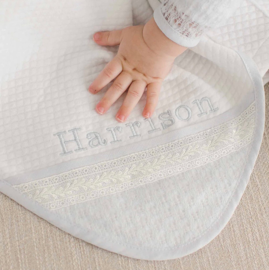Personalized Christening Blanket | Quilted Cotton, Blue Linen & Venice ...
