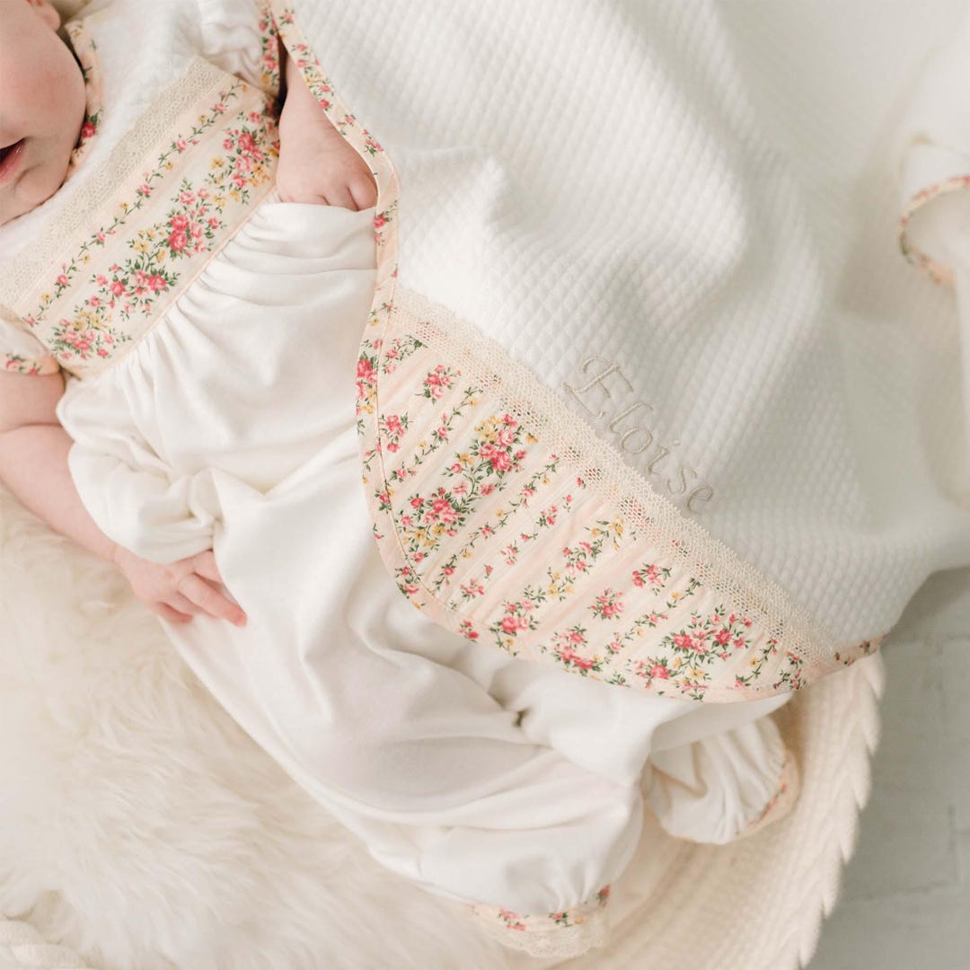 Quilted Baby Blanket | Eloise Pink Floral Cotton, Custom Embroidery ...