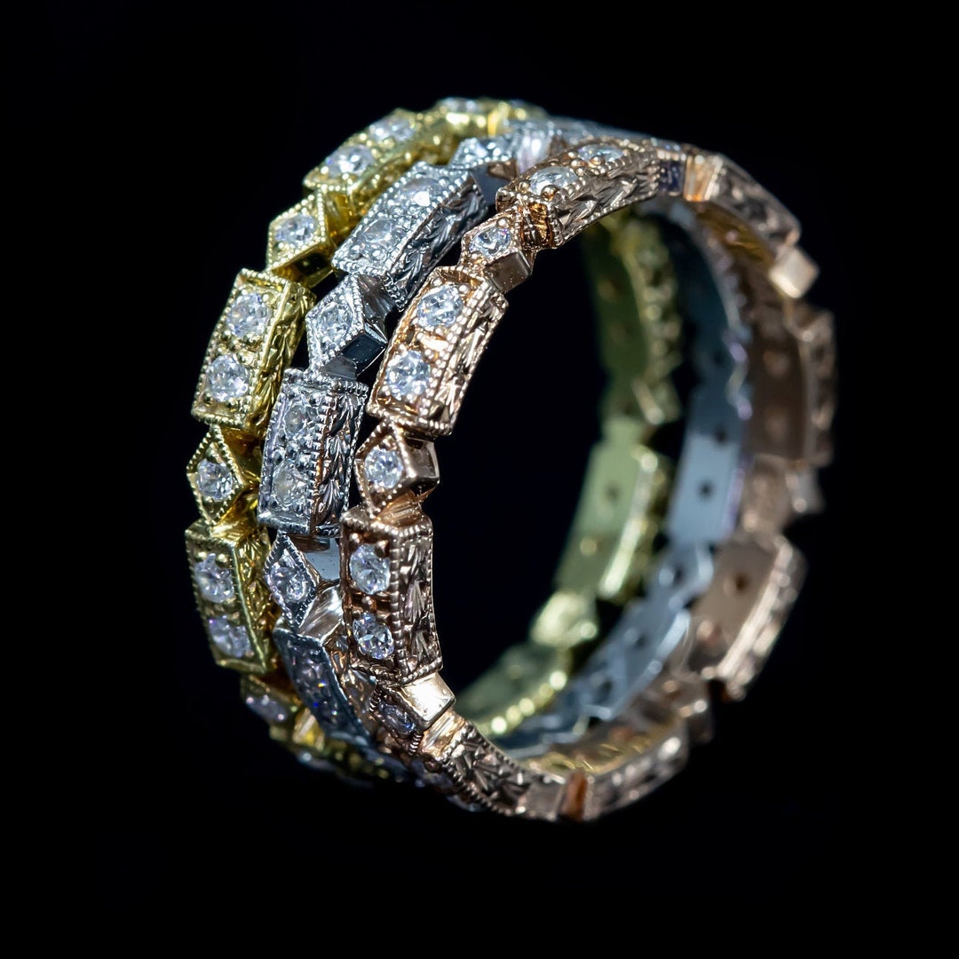 Antique Style Art Deco Stackable Wedding Ring/ Bezel Set Diamond ...