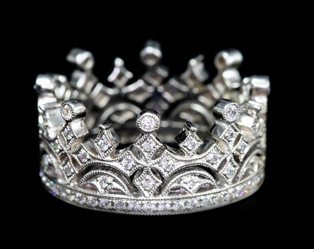 Antique Inspired Vintage Style Diamond Crown Wedding Ring/ Gold Diamond ...