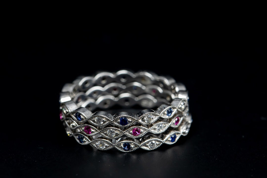 Narrow Stackable Eternity Ring/ 18K Diamond & Ruby Or Blue Sapphire ...