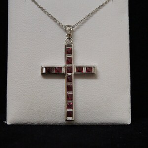 18K White Gold Genuine Princess Cut Ruby & Baguette Diamond Cross ...