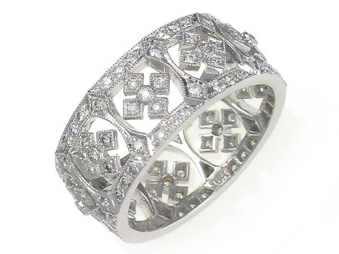 Antique Style Wedding Ring/ Edwardian Wide Wedding Ring/ Wide Eternity ...