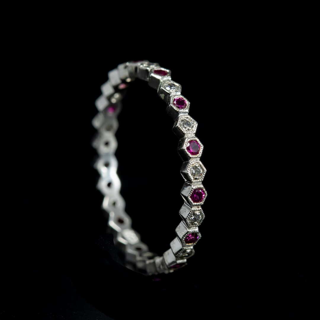 Art Deco Style Narrow Eternity Wedding Ring/ 18K Gold Bezel Set Diamond ...