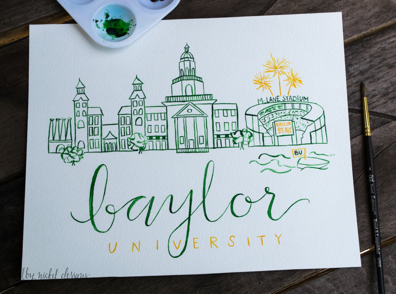 Baylor University Handmade Watercolor Campus Painting Waco - Etsy