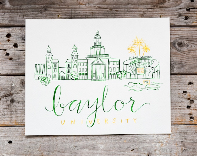 Baylor University, Handmade Watercolor Campus Painting, Waco Painting ...