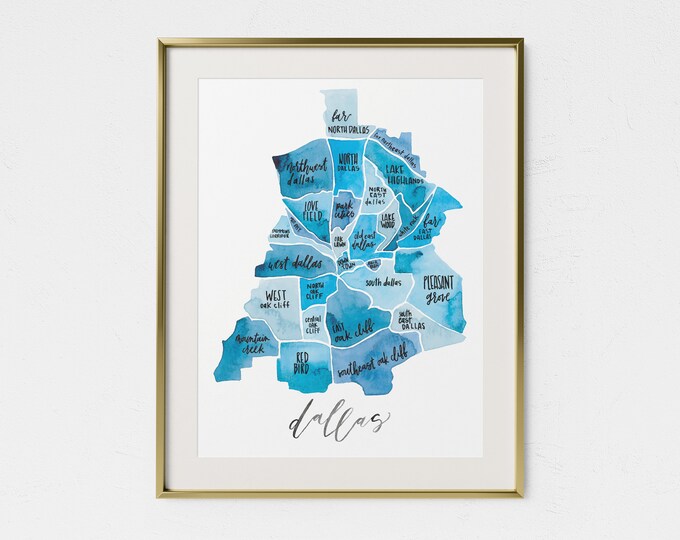 Dallas Map Print Custom Watercolor Gift Neighborhood Map - Etsy