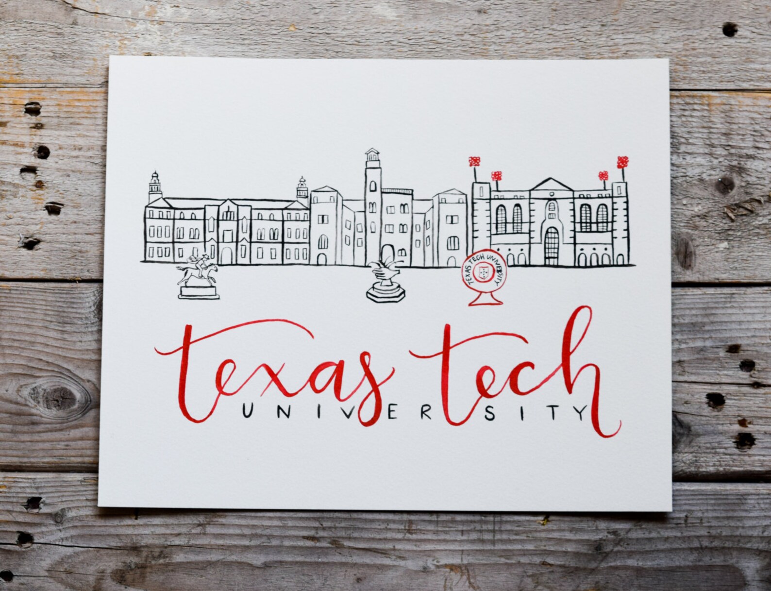 Texas Tech University Handmade Watercolor Campus Painting | Etsy
