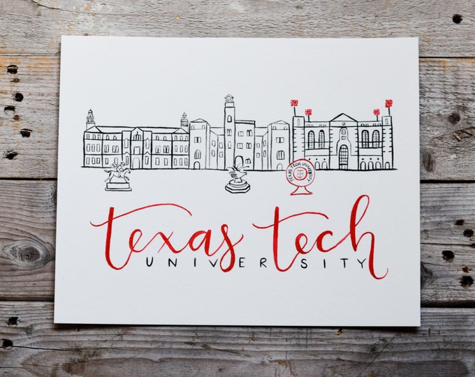 Texas Tech University, Handmade Watercolor Campus Painting, Lubbock ...