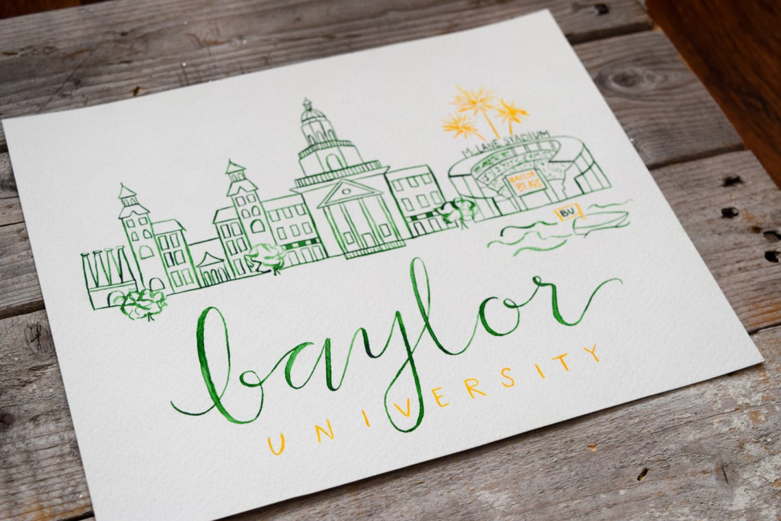 Baylor University Handmade Watercolor Campus Painting Waco - Etsy