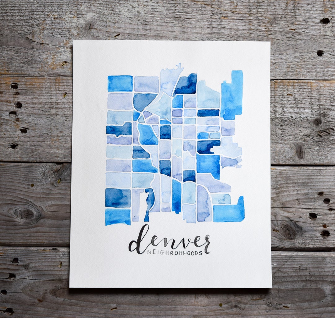 Denver CO Neighborhoods Map • Love Your City • Hand Painted Watercolor ...