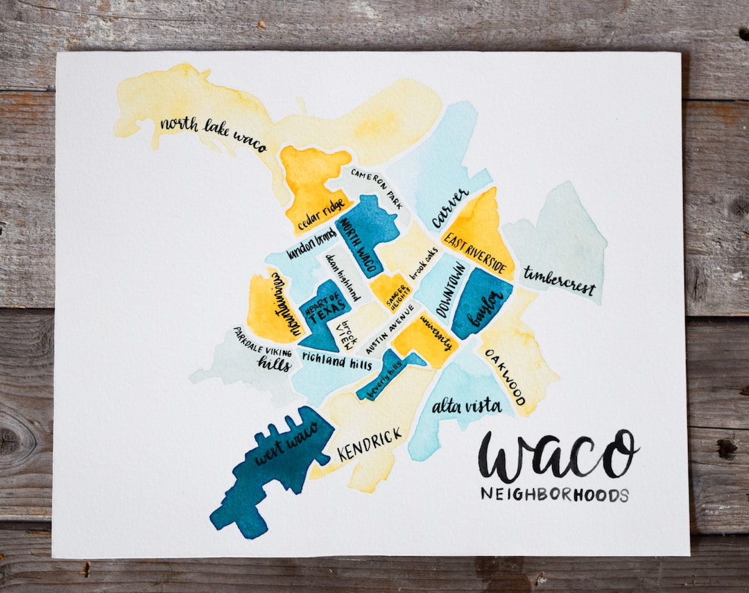 Waco Watercolor Neighboorhood Map, Waco, Texas Map; City Map ...
