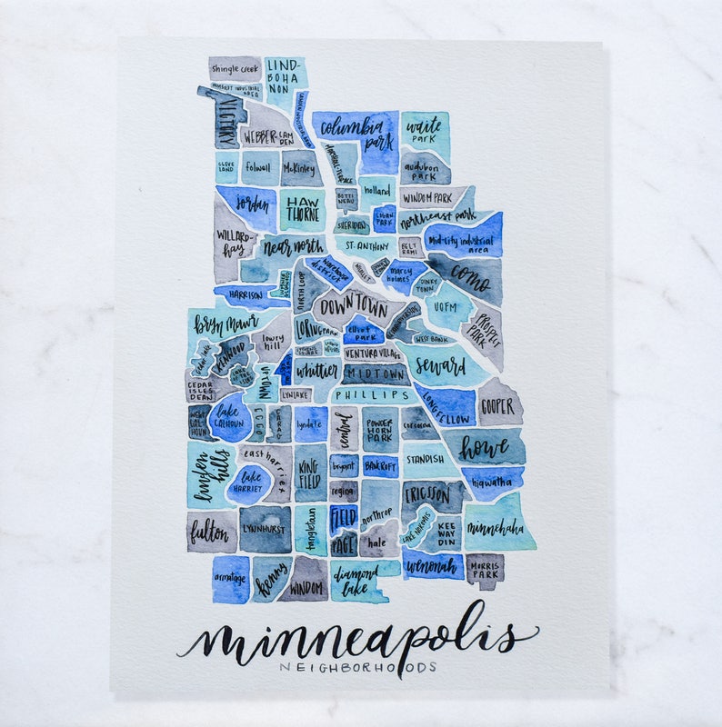 Minneapolis Map • Custom Watercolor Gift • Neighborhood Map ...