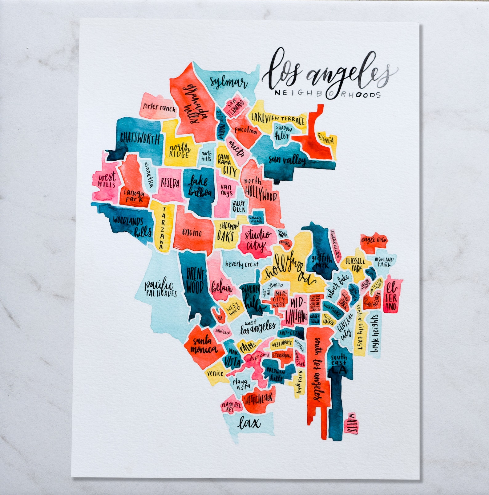 Los Angeles Neighborhood Map • California Map • Watercolor Map • Custom ...