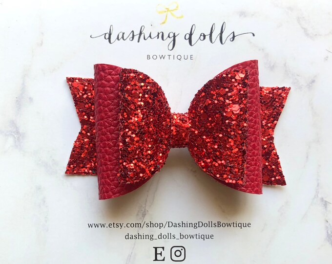 Red Glitter and Faux Leather Bow // Sparkle Glitter Bow - Etsy