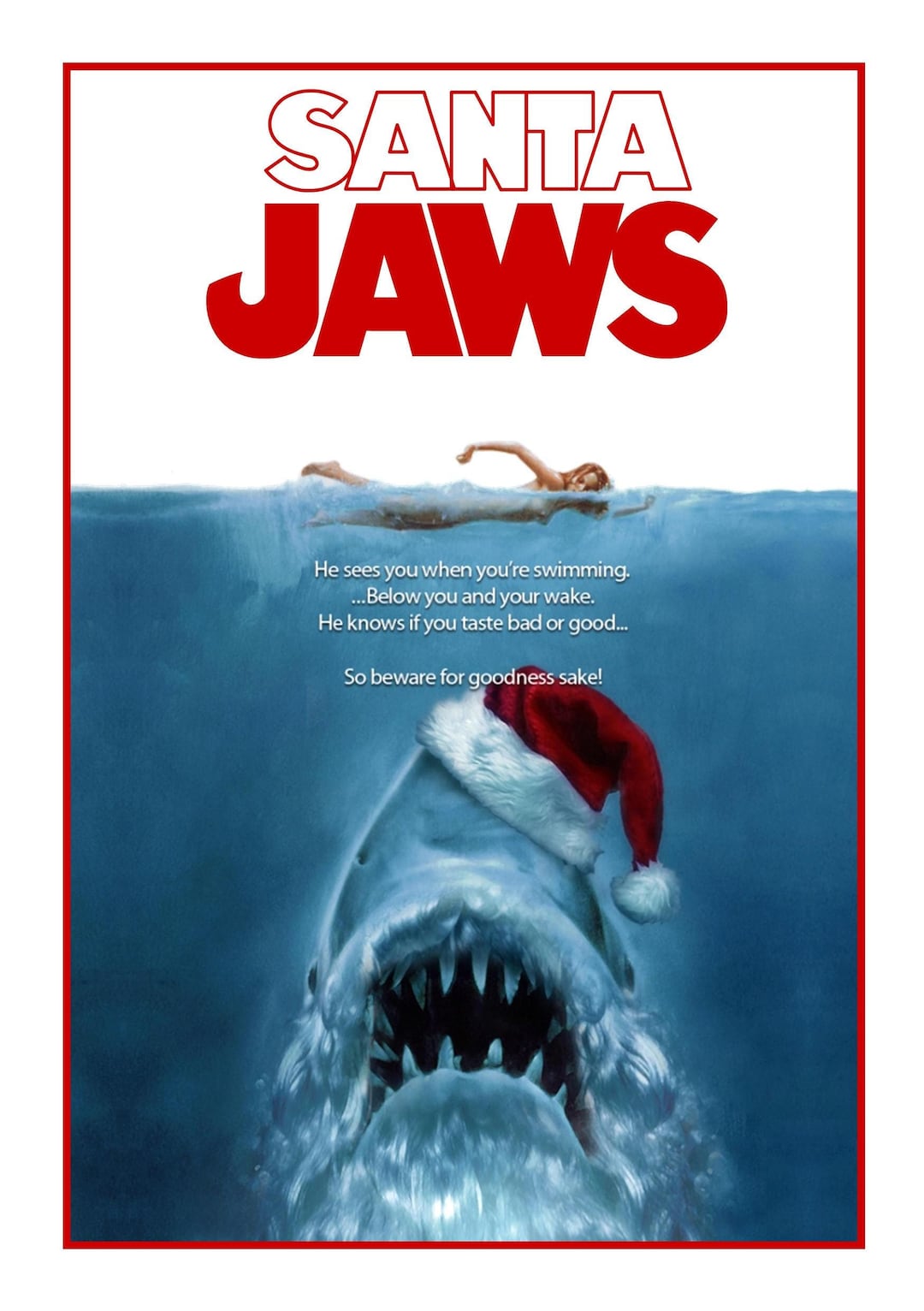 SANTA JAWS Magnetic Post Card A6 Size Man Cave Fridge Stocking Filler Gift Shark Amity Island ...