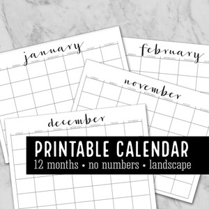Monthly Blank Calendar Modern Script Horizontal Printable 12 - Etsy