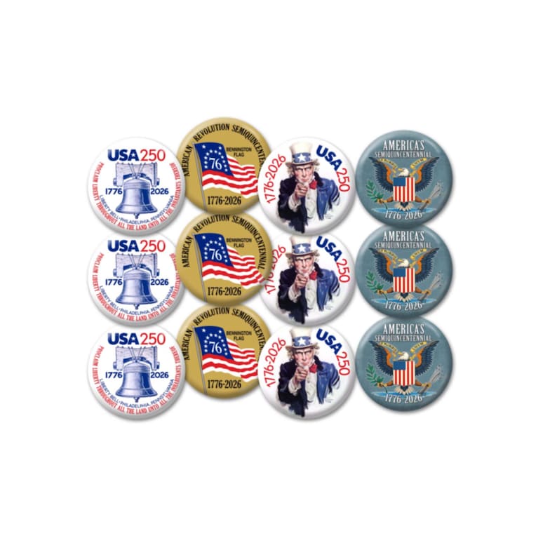 12 Pack Buttons: National Symbols, Liberty Bell, Eagle Seal, Uncle Sam ...