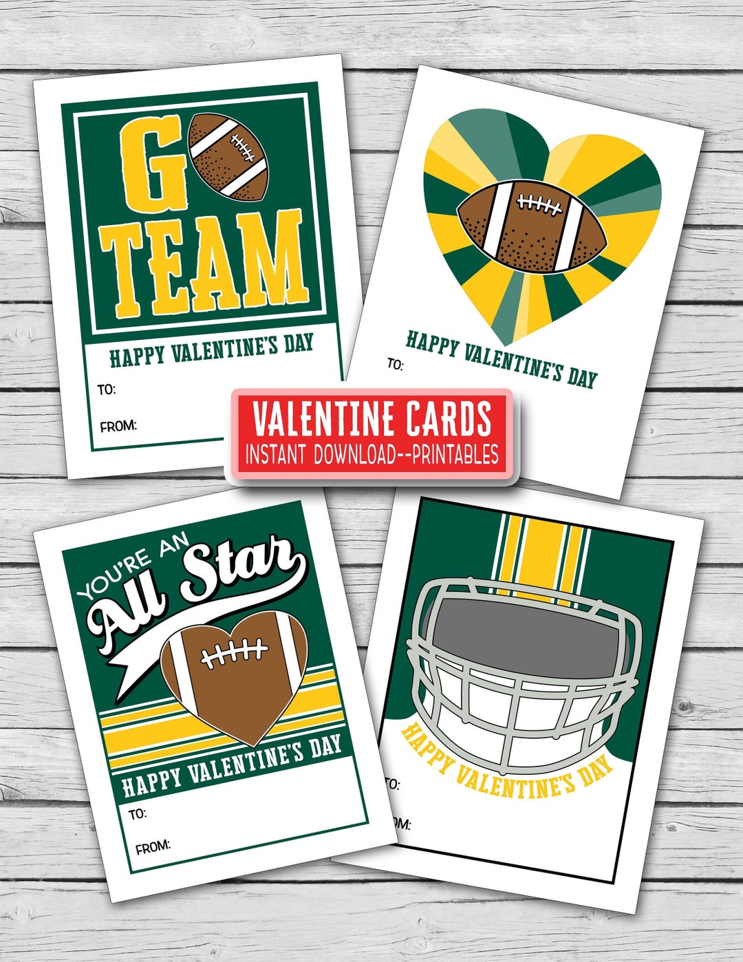 Football Valentines Day Cards - Green Yellow Colors - Sports Kids ...