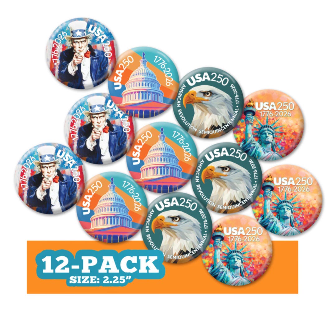 USA 250 - Colorful 12-pack Buttons: Uncle Sam, Eagle, Capital, Statue ...
