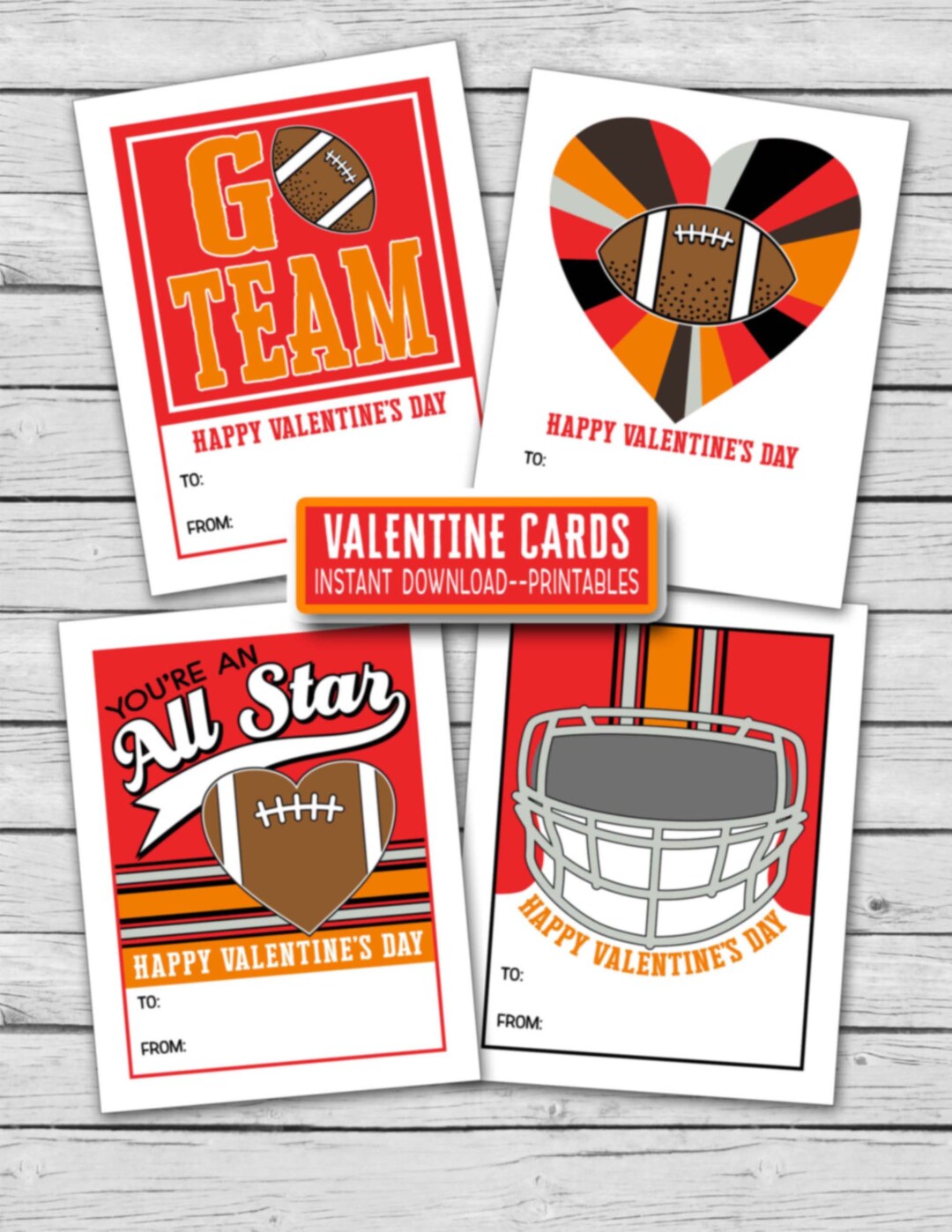 Football Valentines Day Cards Orange Red Black Colors Sports Kids ...