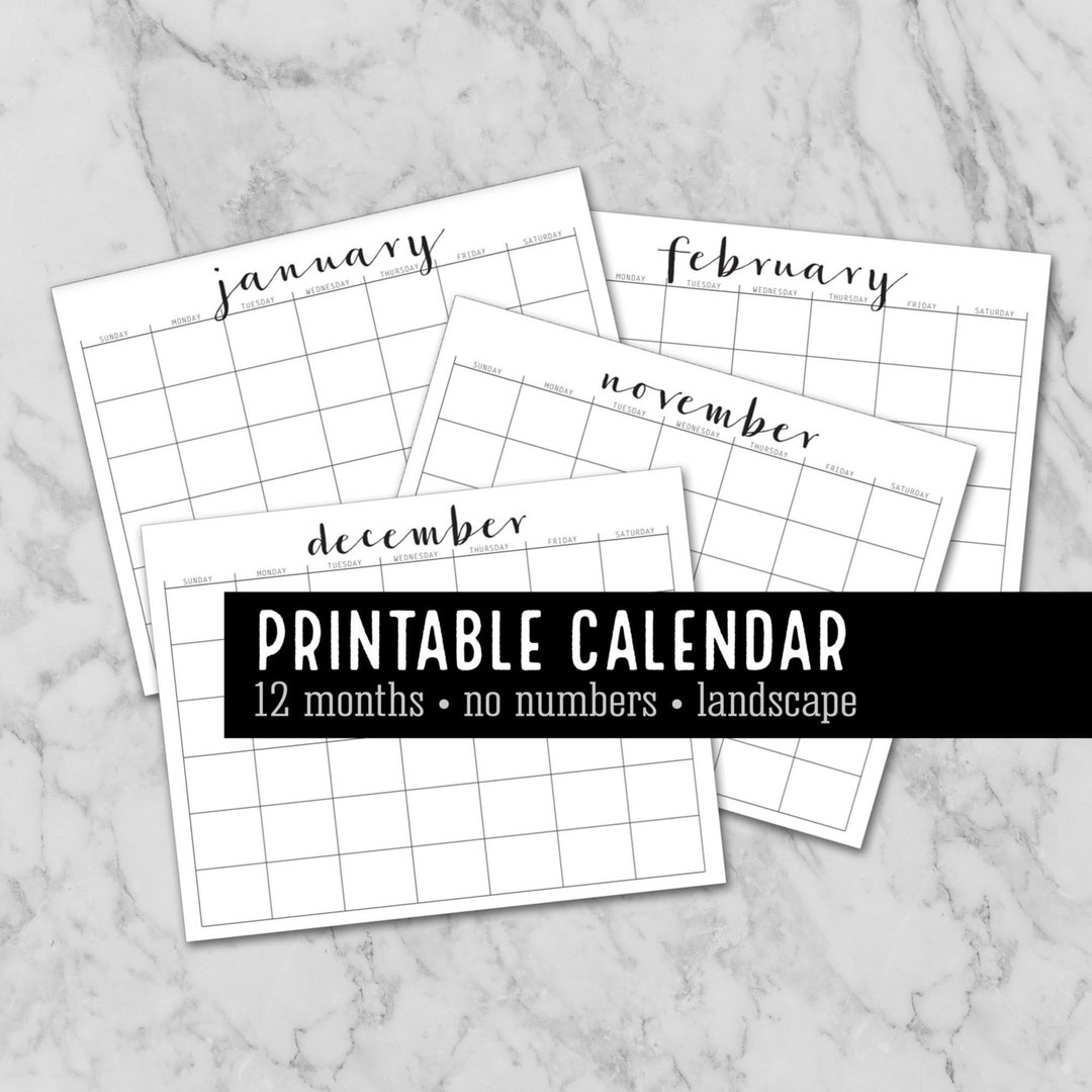 Monthly Blank Calendar - Modern Script Horizontal Printable 12 Month ...