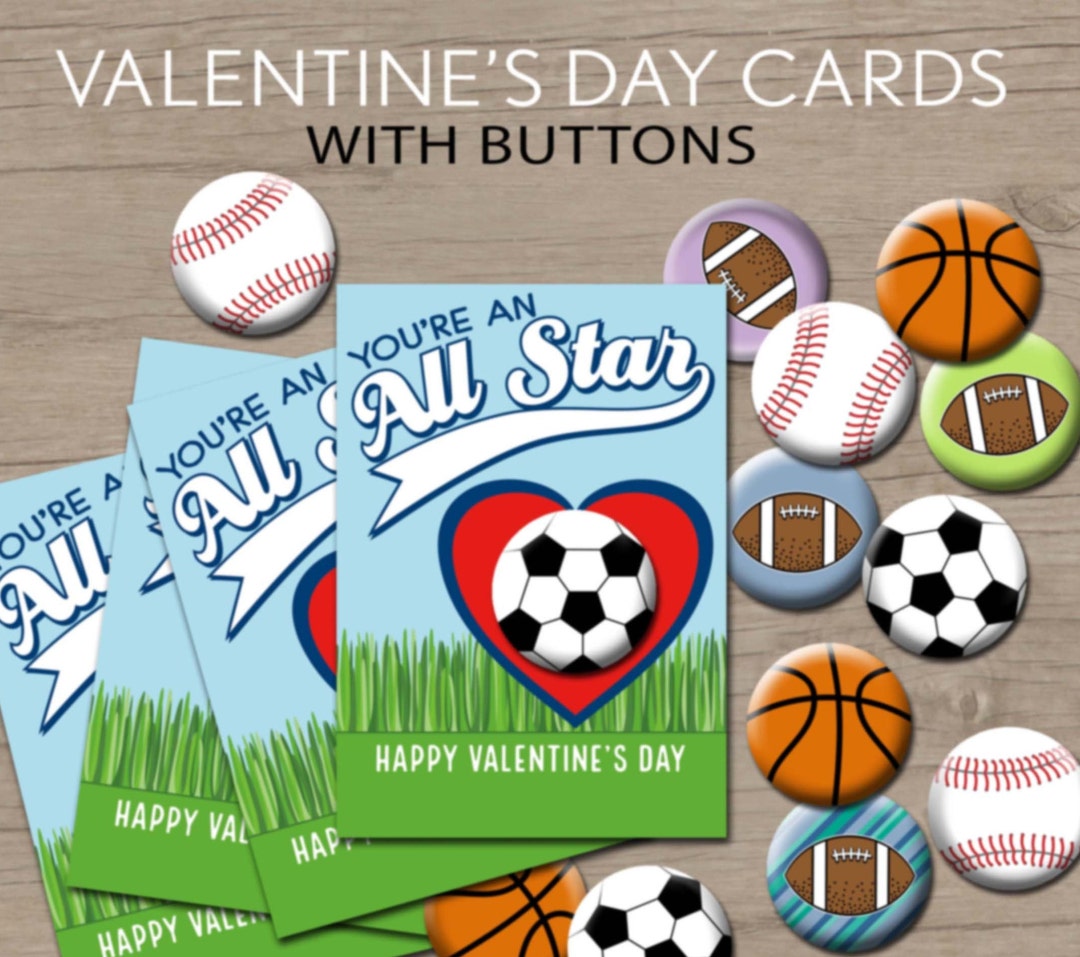 25 Classroom Valentines Day Cards With Sports Buttons - Kids Boys ...