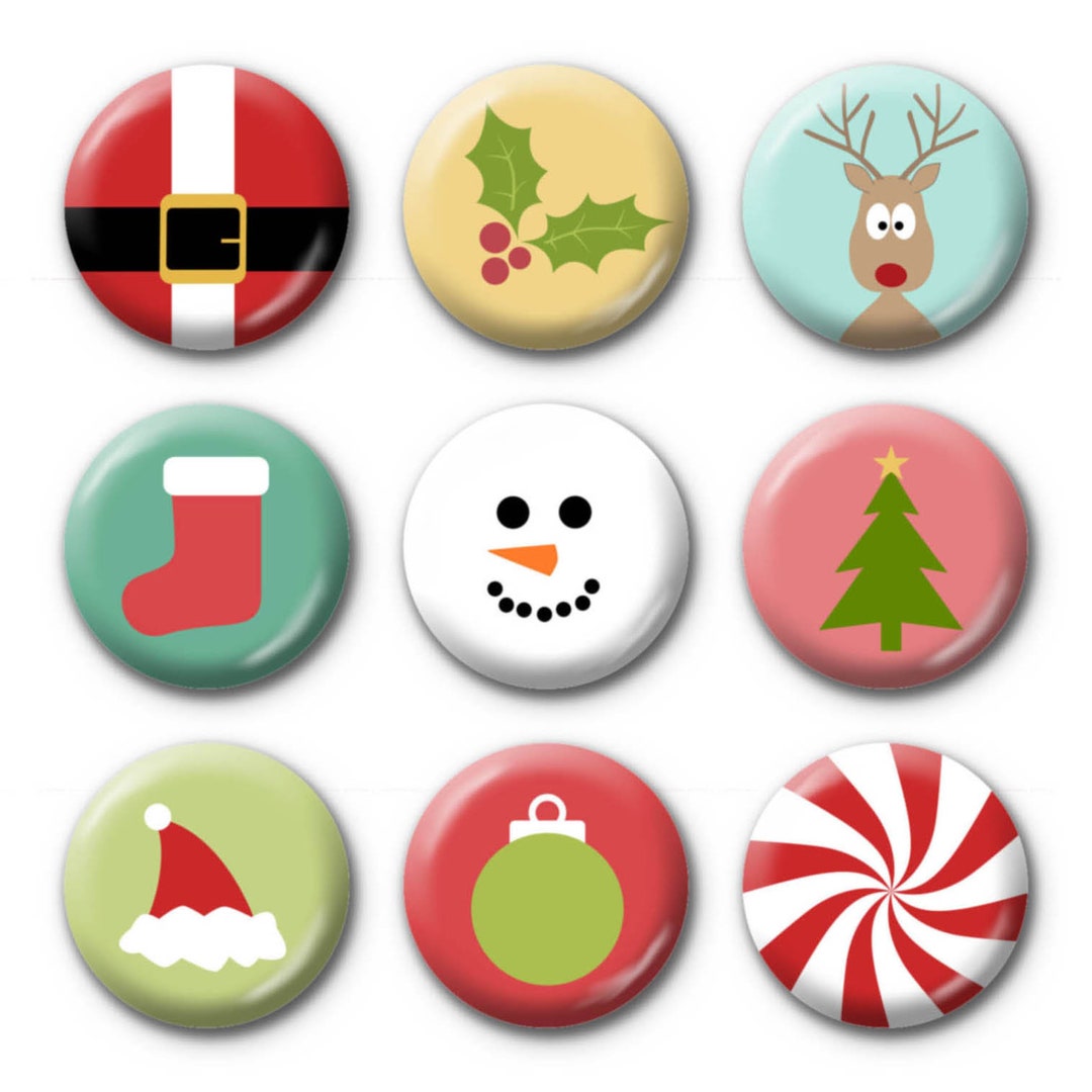 9-pack Christmas Buttons Pins 1 Mini Lapel Size Santa, Holly, Reindeer ...