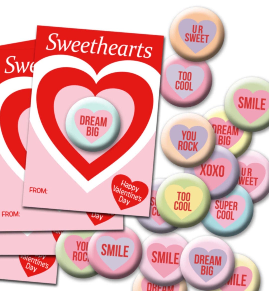 Conversation Hearts Valentine's Day Cards With Buttons - 25 PACK - Pins ...