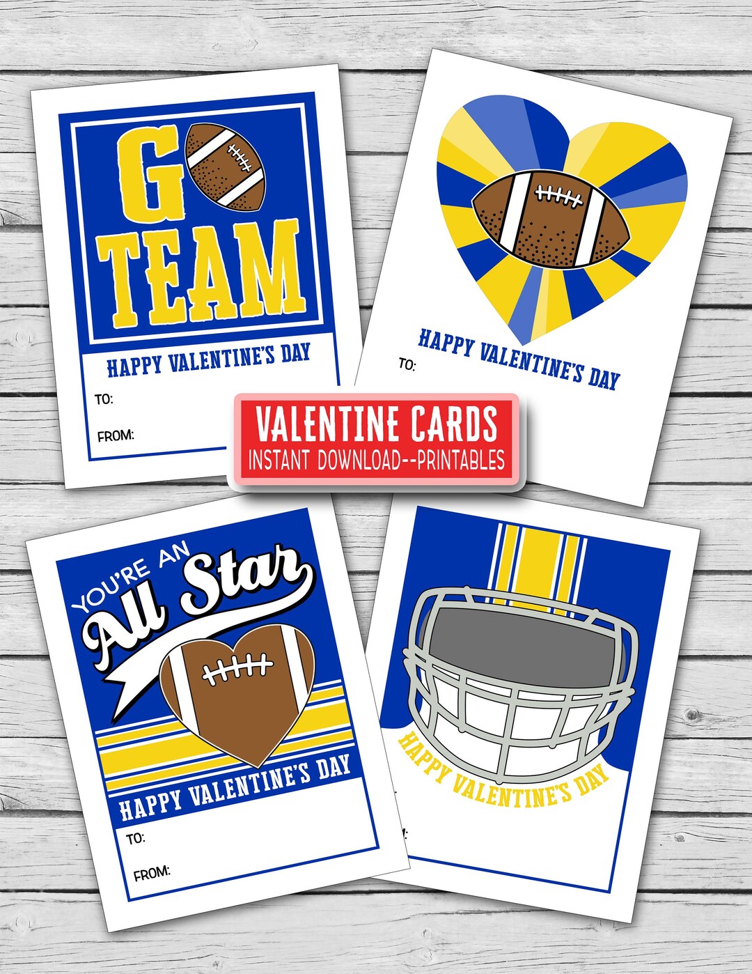 Football Valentines Day Cards - Blue Yellow Colors - Sports Kids ...
