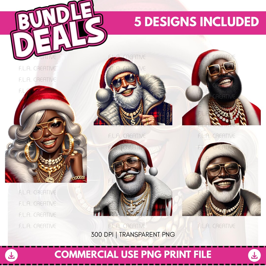 Hip Hop Santa PNG Bundle, Black Santa Clipart, Christmas PNG Set, Urban ...