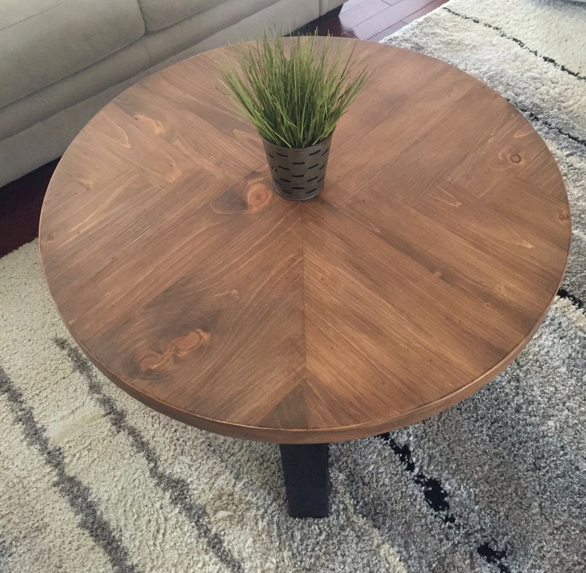 Rustic Herringbone Pattern Round Coffee Table With Black Wood - Etsy
