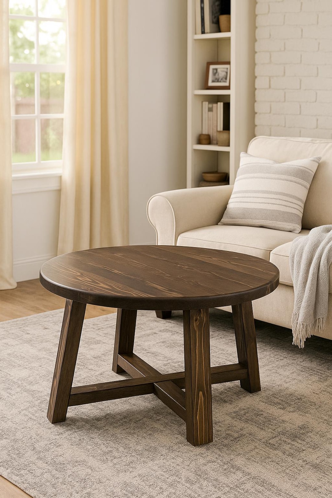 Round Rustic Wood Pine Coffee Table With Wood Legs, Cottagecore ...
