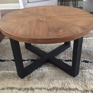 Round Rustic Wood Herringbone Pattern Coffee Table with Black | Etsy
