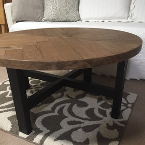 Rustic Herringbone Pattern Round Coffee Table With Black Wood - Etsy