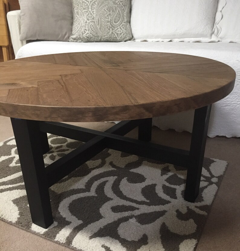 Rustic Herringbone Pattern Round Coffee Table With Black Wood - Etsy