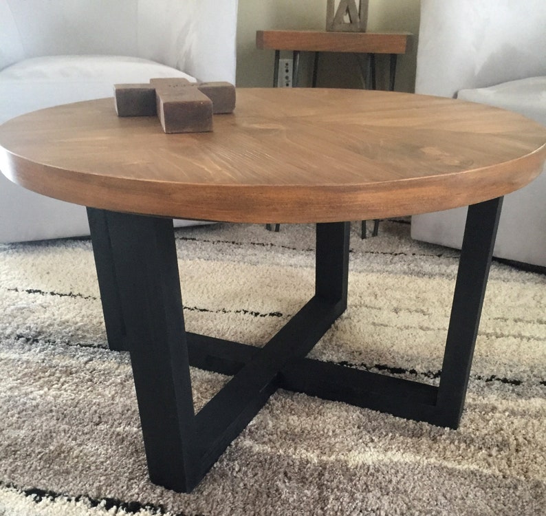 Round Rustic Wood Herringbone Pattern Coffee Table With Black - Etsy