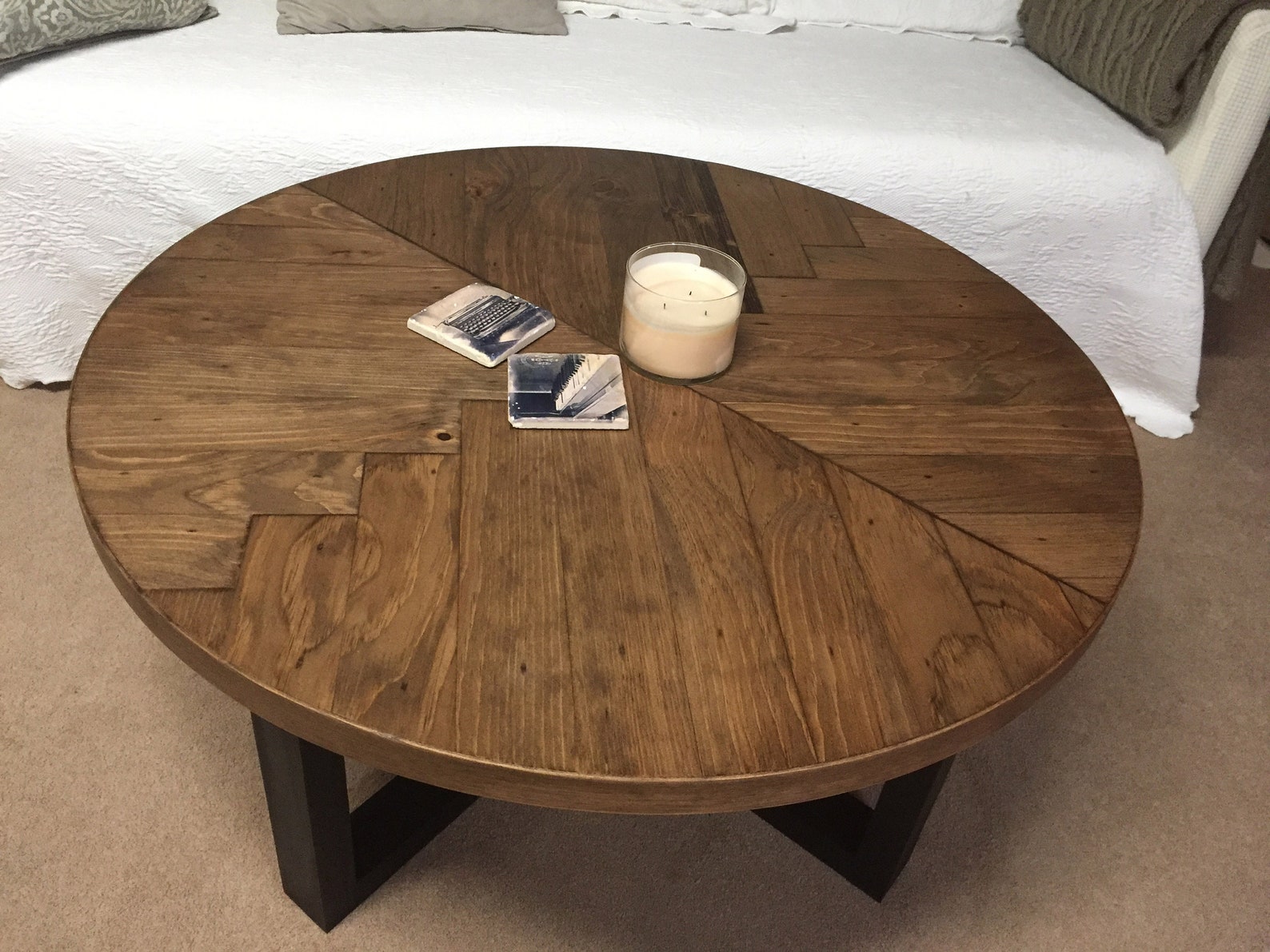Round Rustic Wood Herringbone Pattern Coffee Table With Black Wood Legs ...