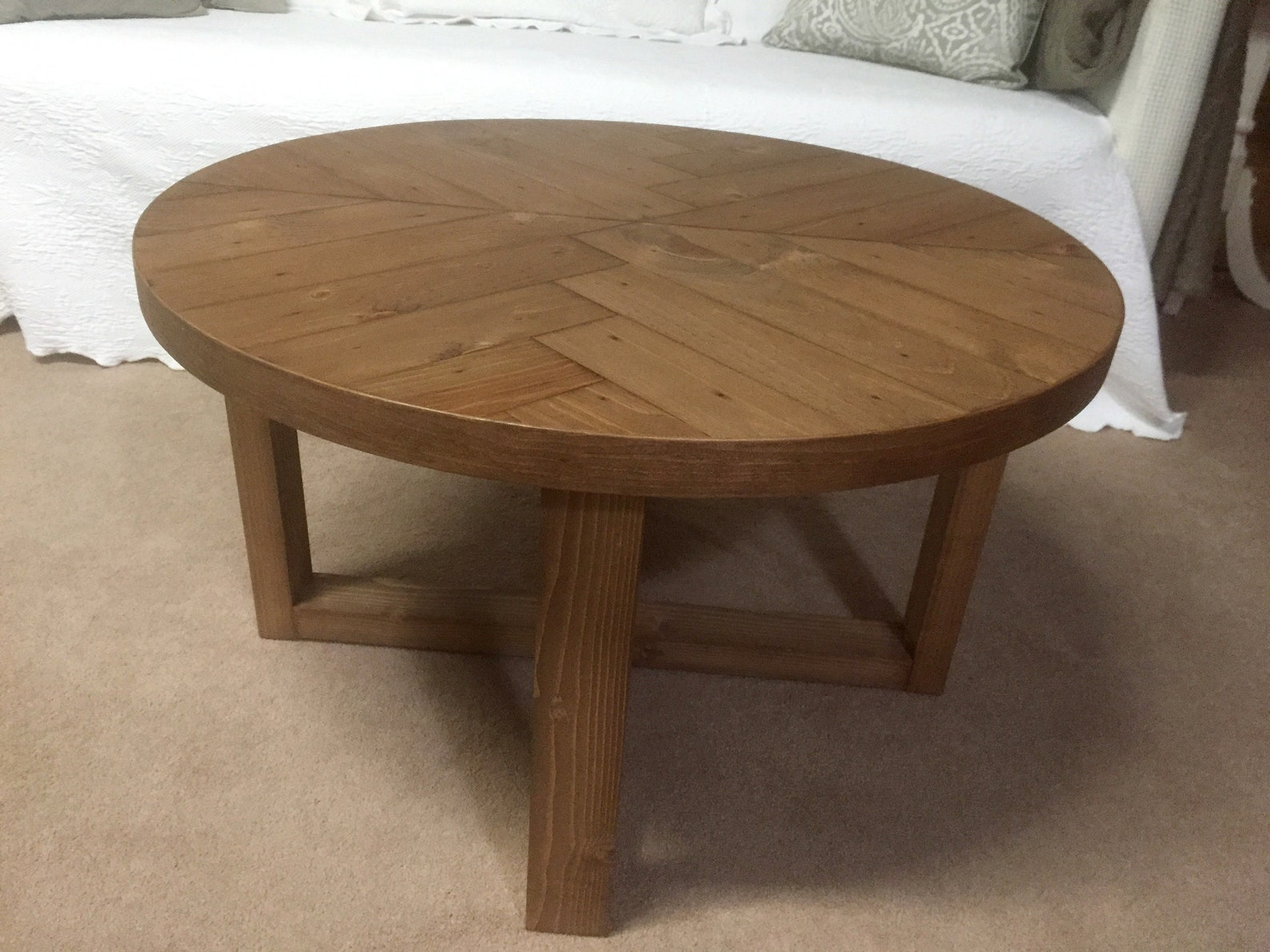 Round Rustic Wood Herringbone Pattern Coffee Table With Black Wood Legs ...