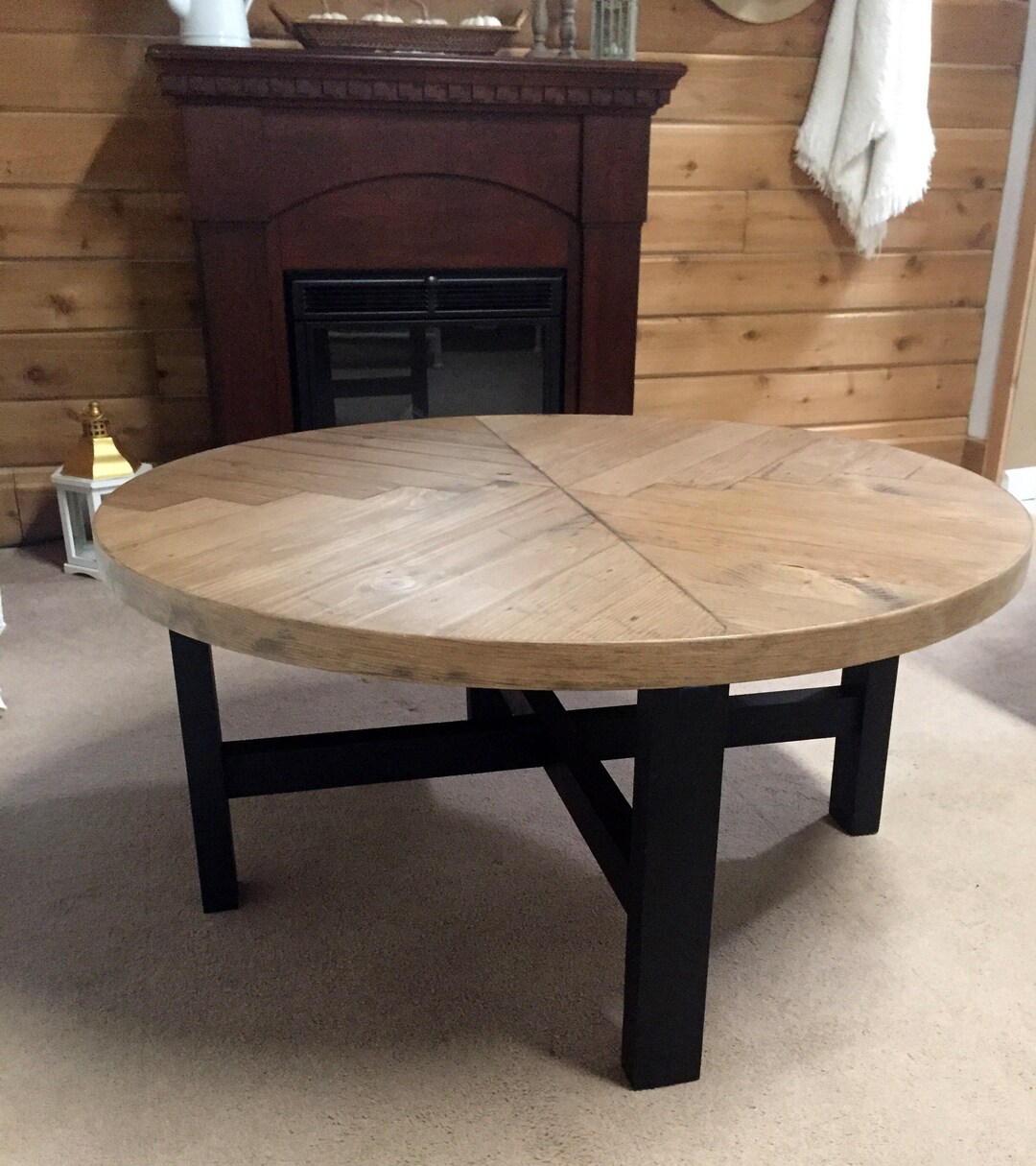 Rustic Herringbone Pattern Round Coffee Table With Black Wood Legs - Etsy