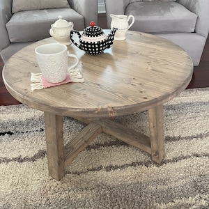 Round Rustic Wood Pine Coffee Table With Wood Legs, Cottagecore ...