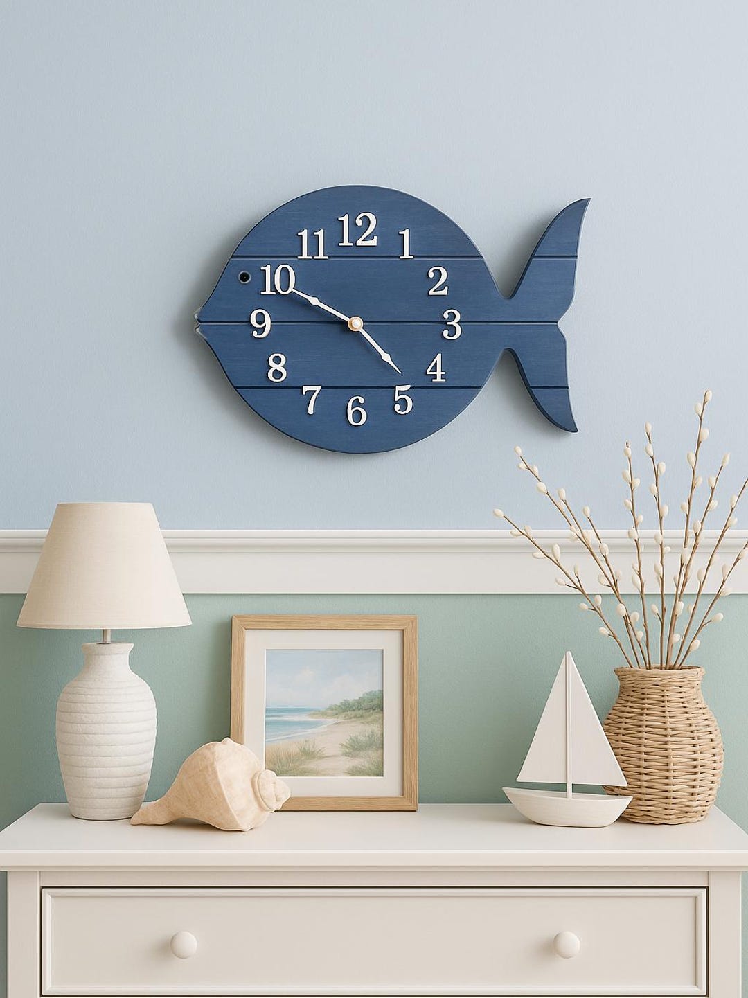 Rustic Painted Wood Fish Clock: Beach House Nautical Decor - Etsy