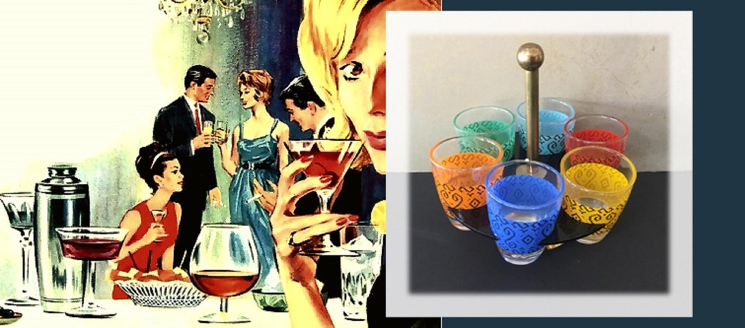 Mad Men Era! Rare Colorful Mid Century Barware Shot Glass Set With ...