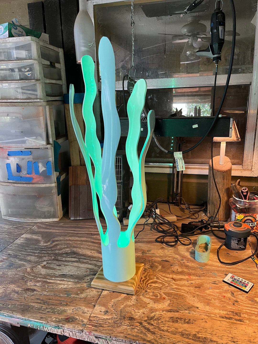 Seaweed Lamp on Varnished Wooden Base With LED Strip Light and Remote ...