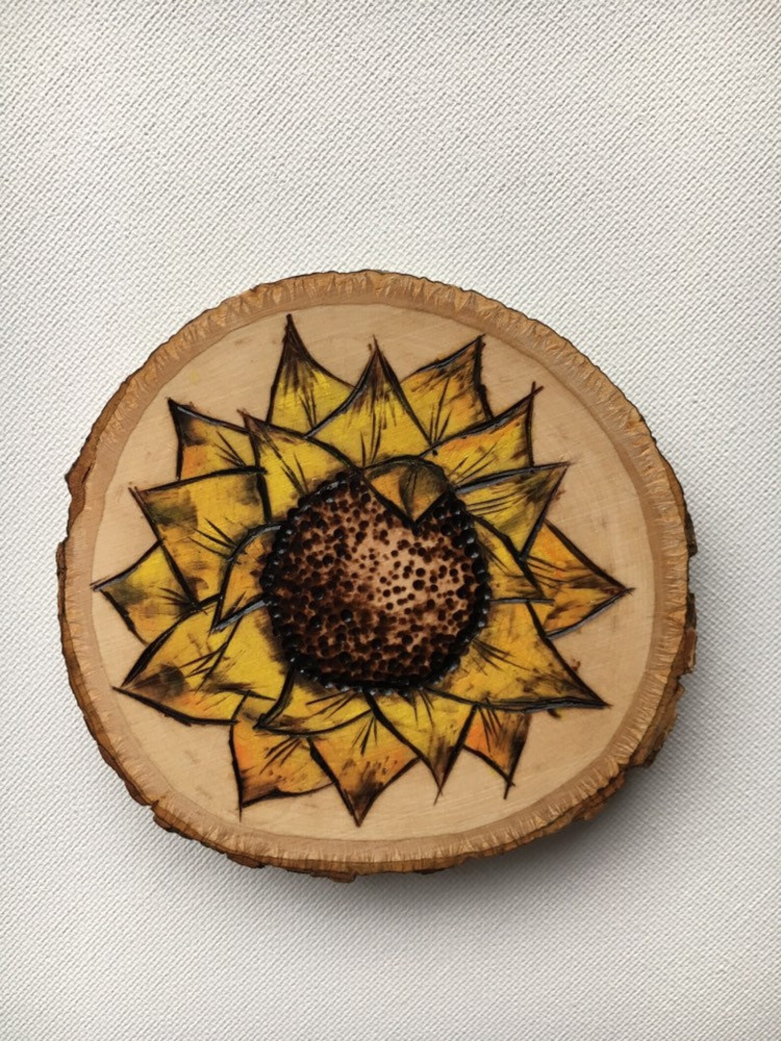Golden Sunflower, Burned Into a Wood Slice and Painted With Watercolor ...