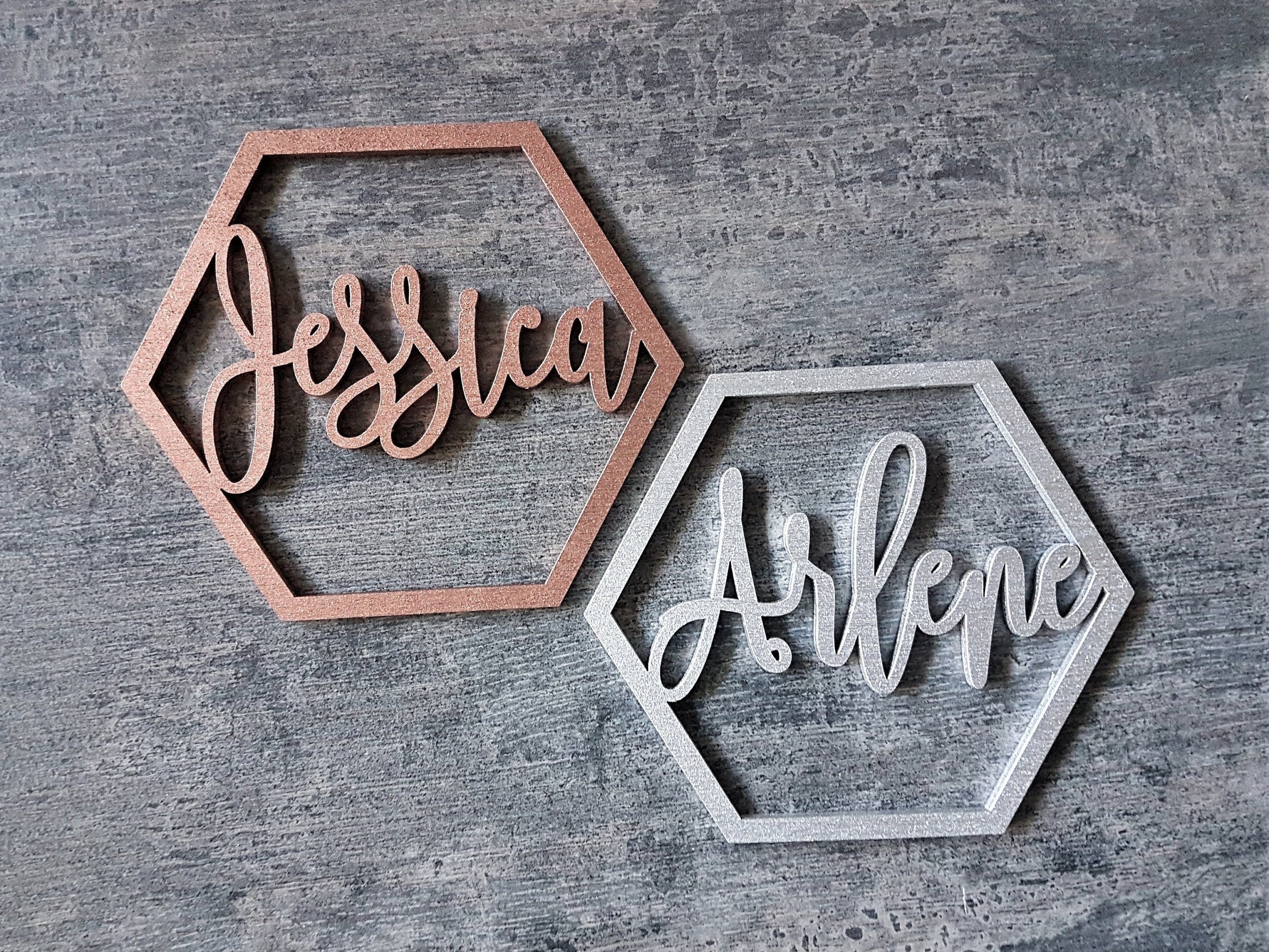 Hexagon Wedding Sign Silver Hexagon Place Cards Wood Hexagon Names ...