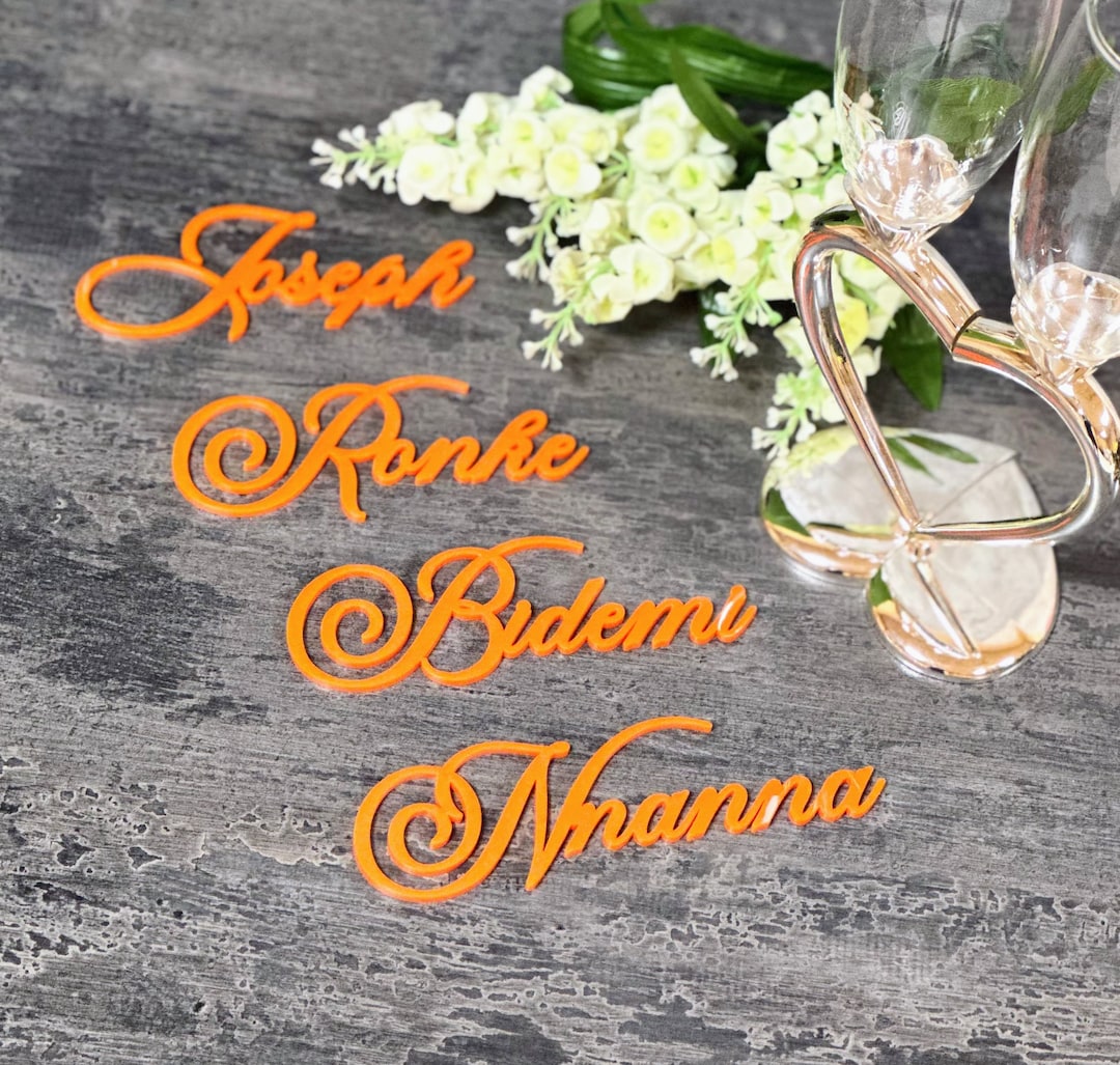 Luxury Place Cards Orange Wedding TAGS Laser Cut Names Acrylic Wedding ...